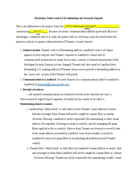 Electronic Notice And Ach Addendum For Lease Security Deposit Pdf Electronic Notice And Ach Addendum For Lease Security Deposit Pdf