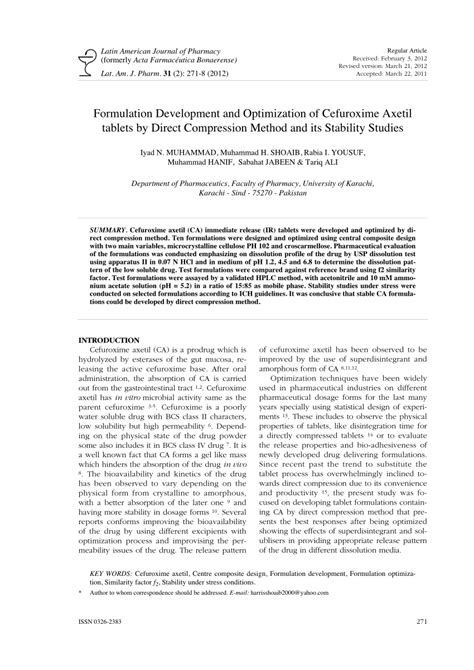 Pdf Formulation Development And Optimization Of Cefuroxime Axetil Tablets By Direct