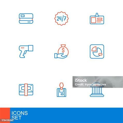 라인 은행 건물 판매자 스택 지폐 현금 파이 차트 인포 그래픽 스캐너 스캔 바코드 돈 가방 식별 배지 및 시계 24 시간 아이콘을 설정합니다 벡터 24 시간 영업 표시에