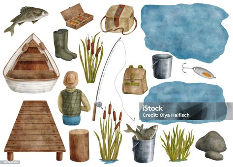 수채화 낚시 세트입니다 손으로 그린 보트 갈대 나무 부두 어부 등 낚싯대 물고기가 있는 양동이 미끼 크릴 흰색 배경에 격리된 물