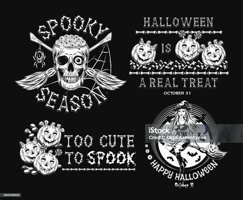 행복한 아이들 전통 사탕 눈알이 있는 해골 빗자루에 아름다운 마녀와 같은 호박 머리가 있는 할로윈 라벨 세트 뼈로 만든 텍스트 빈티지 스타일의 검은색에 흑백 삽화 가공의