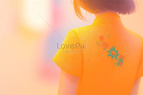 치파오를 입은 여성의 뒷모습 일러스트 무료 다운로드 Lovepik