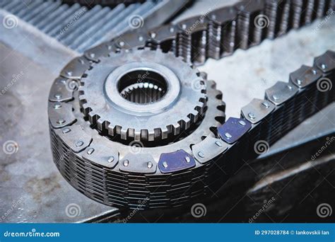 Chain With Gears Of A Disassembled Transfer Case Gear Synchronization