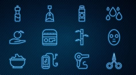 세트 라인 가위 페이셜 화장품 마스크 크림 로션 튜브 손에 사과 물병 잎이 있는 대나무 줄기 및 티백 아이콘 벡터 증기에 대한 스톡 벡터 아트 및 기타 이미지 Istock