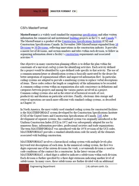 Csis Masterformat Pdf