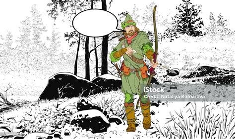 깃털모자를 쓴 로빈 후드 약한 수비수 중세 전설 중세 전설의 영웅 하프 톤 배경입니다 남자에 대한 스톡 벡터 아트 및 기타