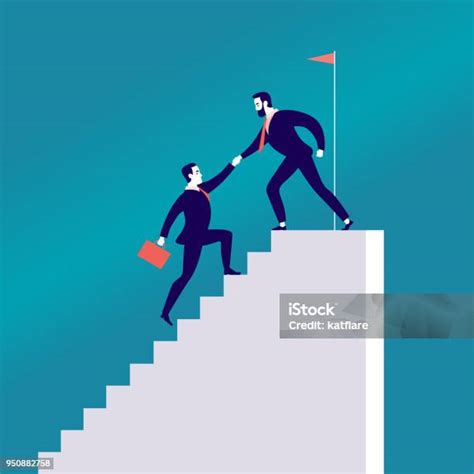 파란색 배경에 흰색 계단에 함께 등반 하는 비즈니스 사람들과 벡터 평면 그림 고립 계단에 대한 스톡 벡터 아트 및 기타 이미지 계단 사람들 지원 Istock