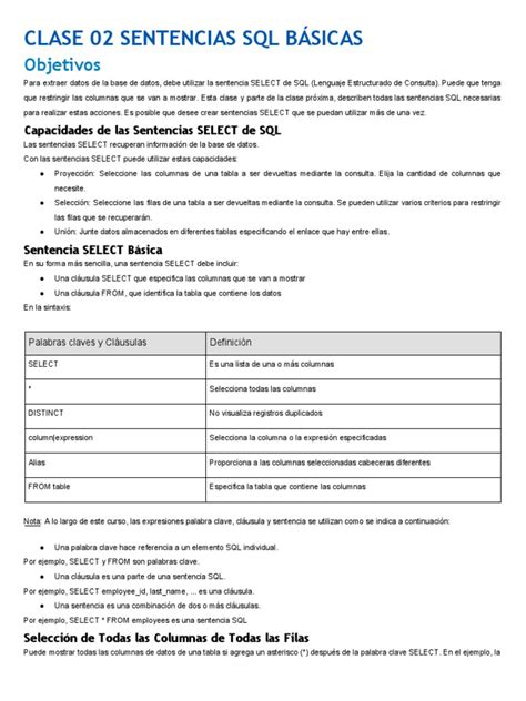 Clase 2 Sentencias Sql Básicas Pdf Sql Software De Gestión De Datos