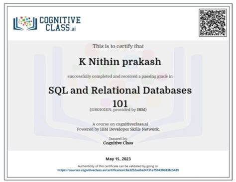 Kunapareddy Nithin Prakash On Linkedin I Completed A Sql And Ralational Database Course In