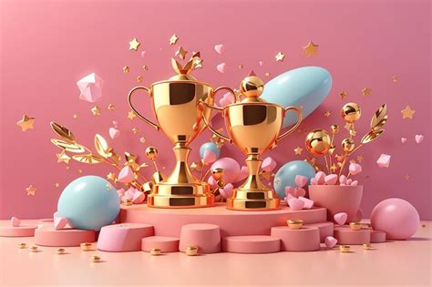 골든 컵과 함께 미니멀 3d 수상자 금색 배경에 떠다니는 물체와 함께 별 만화 스타일의 3d 터 렌더링 분홍색 파스텔 배경에 고립된 시상식 개념 프리미엄 Ai 생성 이미지