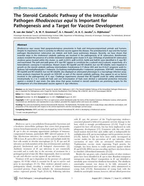 Pdf The Steroid Catabolic Pathway Of The Intracellular Pathogen Rhodococcus Equi Is Important