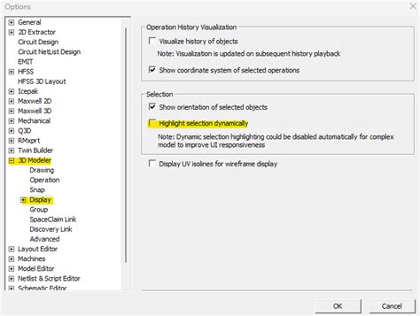 how to turn off dynamic highlight selection in hfss