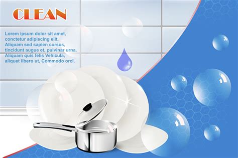 식기 세척 공지 액체 비누와 식기 세척을위한 투명 거품과 현실적인 광고 배경 라벨 또는 배너 세탁 세제에 대한 벡터 가정용 개념