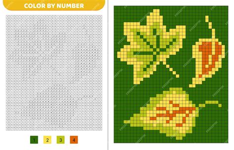 3개의 가을 낙엽 숫자별 색상 픽셀 색칠책 번호가 매겨진 사각형 어린이를 위한 게임 픽셀 아트 격리된 벡터 그림 Eps 10