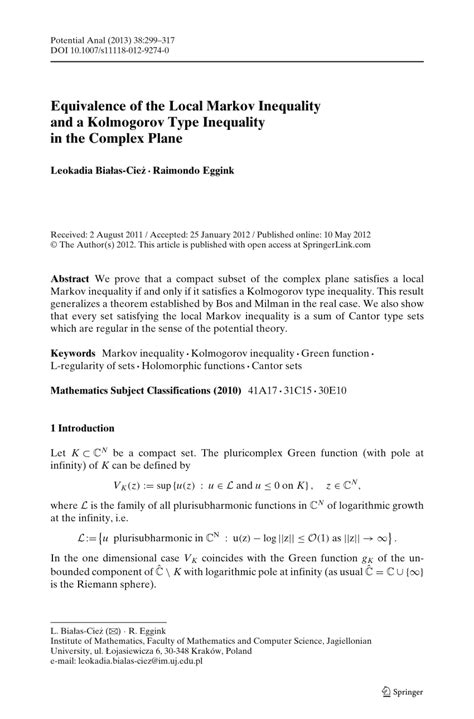 Pdf Equivalence Of The Local Markov Inequality And A Kolmogorov Type