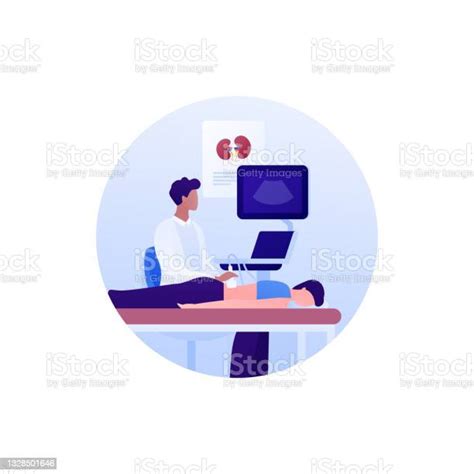 의료 초음파 절차 개념 벡터 플랫 헬스케어 일러스트레이션 신장학 및 신장 진단 연구 초음파 검사 장치와 여성 환자가 병원 침대에 누워 남성 의사 초음파에 대한 스톡 벡터