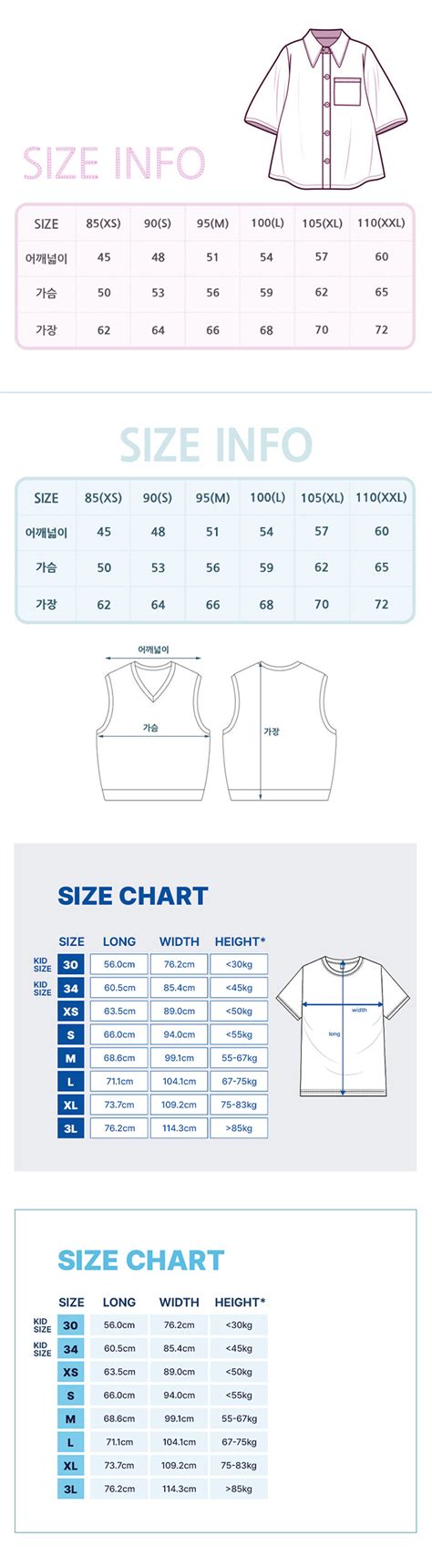 여성의류 남성의류 사이즈표 36종 도식화 크몽