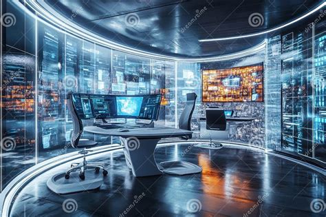 Modern High Tech Workspace With Multiple Screens And Digital Displays