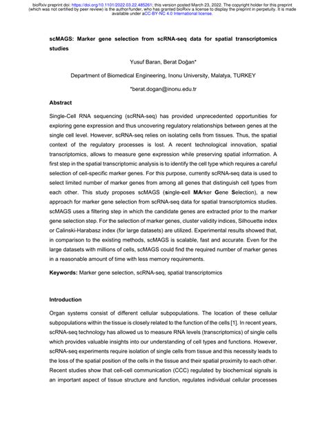Pdf Scmags Marker Gene Selection From Scrna Seq Data For Spatial