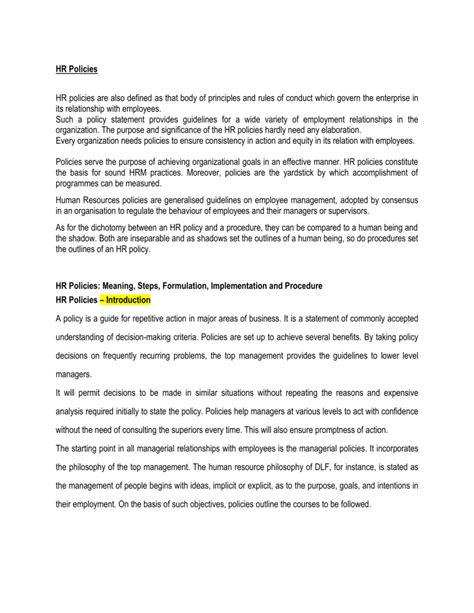 Hr Policies Meaning Formulation Implementation And Procedure