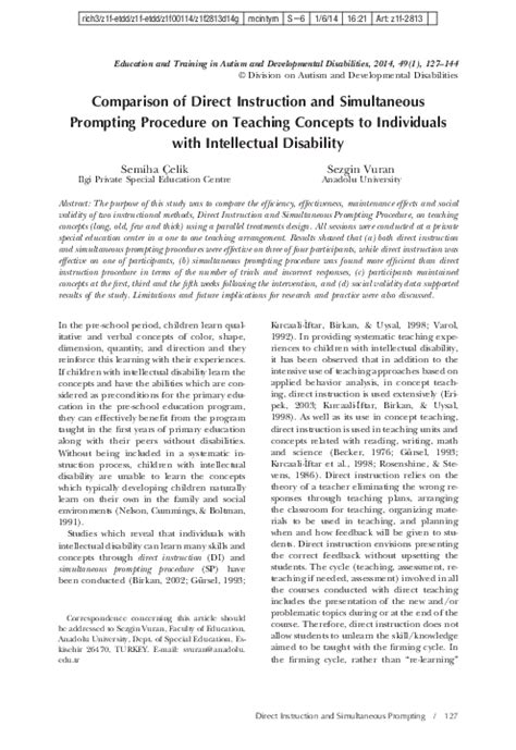 Pdf Comparison Of Direct Instruction And Simultaneous Prompting Procedure On Teaching Concepts