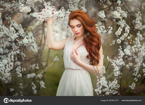 Spring Beautiful Romantic Red Haired Girl White Lace Dress Standing