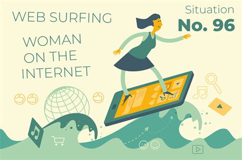 여자는 인터넷에 떠있는 스마트 폰에 서 인터넷 서핑 웹 디자인 프리젠 테이션 인포 그래픽 방문 페이지만화 캐릭터 일러스트 It