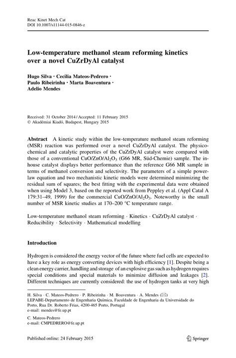 Pdf Low Temperature Methanol Steam Reforming Kinetics Over A Novel Cuzrdyal Catalyst