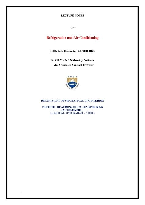 Iare Rac Lecture Notes Lecture Notes On Refrigeration And Air