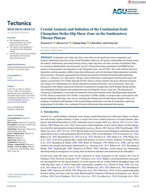 Pdf Crustal Anatexis And Initiation Of The Continental‐scale Chongshan Strike‐slip Shear Zone