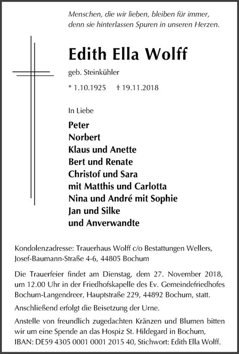 Traueranzeigen Von Edith Ella Wolff Trauer In Nrwde