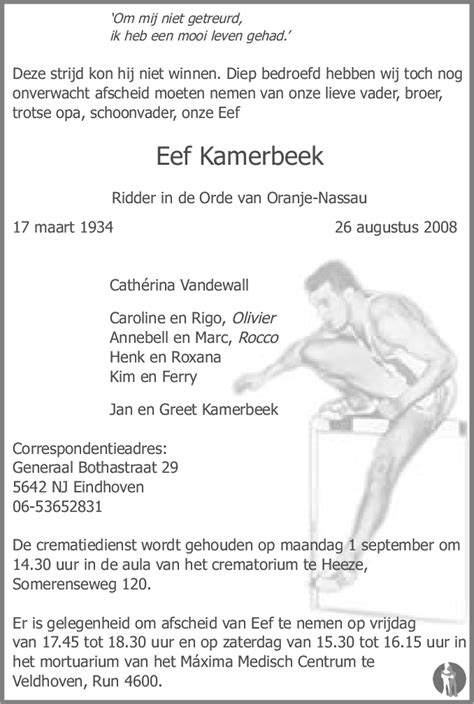 Eef Kamerbeek 26 08 2008 Overlijdensbericht En Condoleances Mensenlinq Nl