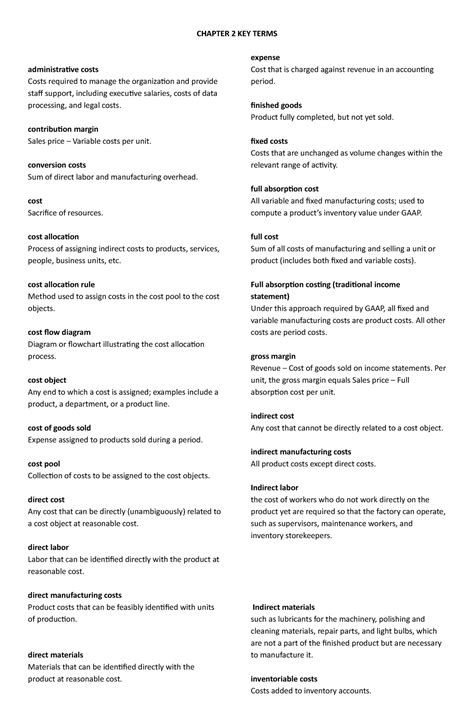Chapter Cost Concepts And Behavior KEY Terms CHAPTER KEY TERMS Administrative Costs Costs
