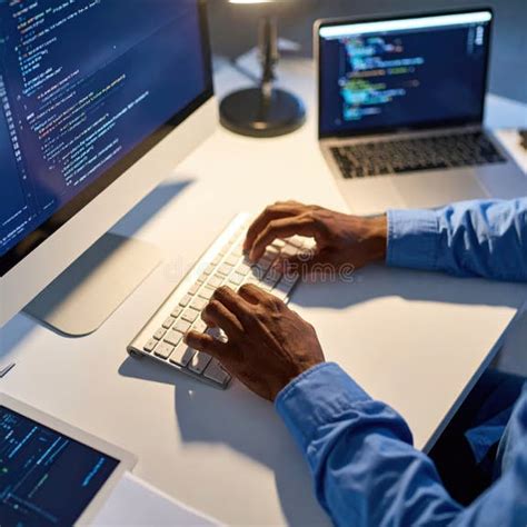 A Coder Types Code On A Keyboard In A Modern Office Setting At His Desk