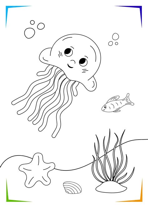 흑백 해파리 불가사리 조류 어린이를 위한 색칠 페이지 해양 수중 주민 벡터 그림 어린이를 위한 인쇄 가능 어린이를 위한 워크시트 색칠하기 책 검은색은 해양 생물을 윤곽선