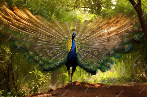 Premium Photo A Peacock With Its Wings Spread Out In The Forest