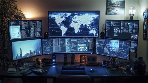 Dynamic Tech Workspace Global Monitoring Hub Digital Setup High Tech Environment Wide Angle View