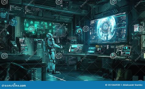Futuristic Robot Managing High Tech Control Room With Glowing Screens