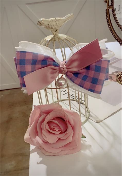 무배 핑크바비 체크풍성 진주 쉬폰리본 왕리본 머리핀 에이블리
