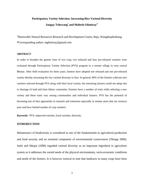 Pdf Participatory Variety Selection Increasing Rice Varietal Diversity