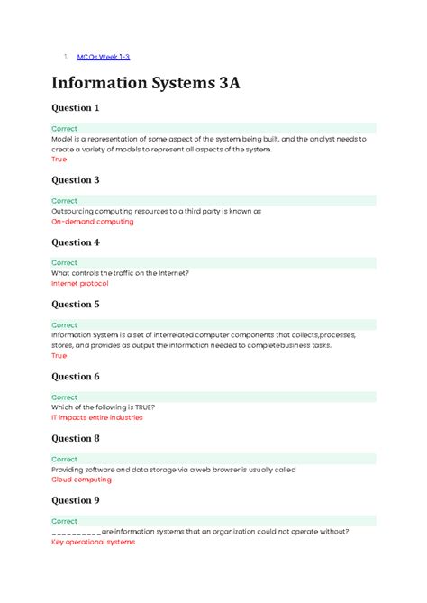 Mcqs Week 1 Week 1 For Semester 1 Mcqs 1 Mcqs Week 1 3 Information Systems 3a Question 1
