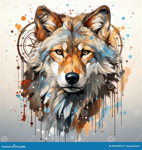 A Painting Of A Wolf With A Dream Catcher In The Background Stock