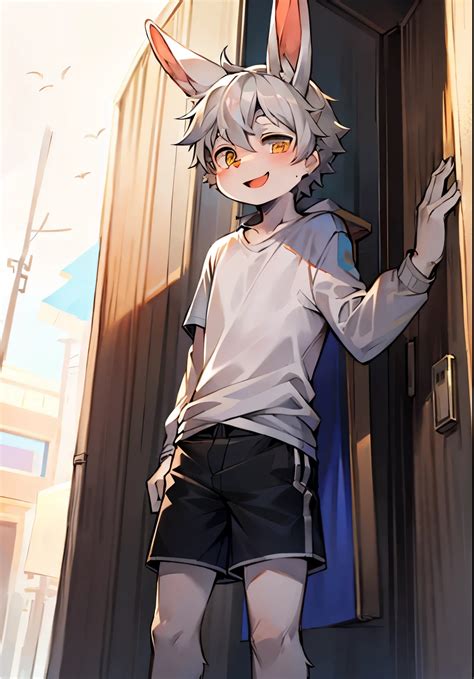 Anime Boy With Bunny Ears Standing In Doorway Of House Seaart Ai