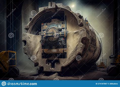 Tunnel Boring Machine With Its Head And Supporting System Visible Digging Through Rock Stock