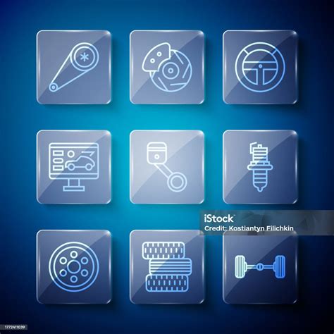 세트 라인 알로이 휠 자동차 타이어 섀시 자동차 스티어링 엔진 피스톤 진단 조건 타이밍 벨트 키트 및 점화 플러그 아이콘 벡터 강철에 대한 스톡 벡터 아트 및 기타 이미지