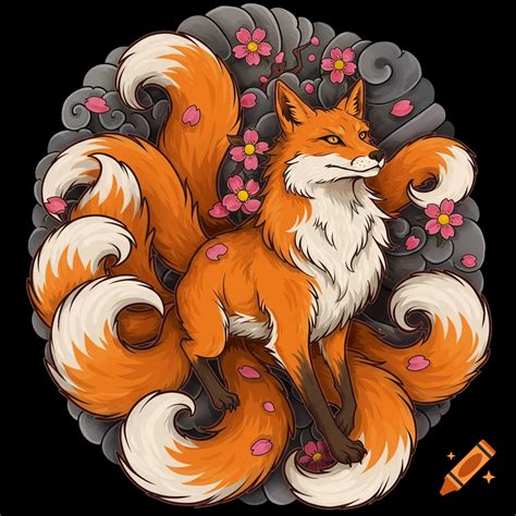 Stylized Illustration Of A Nine Tailed Fox Surrounded By Cherry
