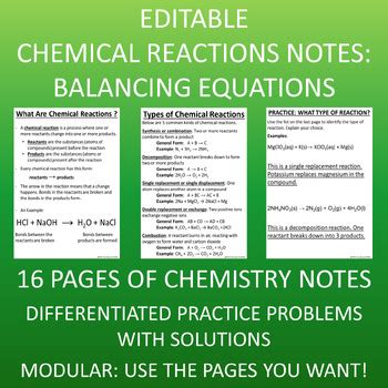 Editable Chemistry Notes Balancing Chemical Equations And Types Of Equations