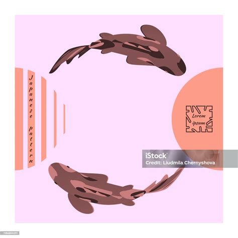 일본 식 무늬 두 장식 잉어 잉어 물고기 태양과 달 표지 카드에 대한 트렌디 한 현대적인 디자인 템플릿 포스터 벡터 일러스트레이션 흰색 배경에 분홍색과 산호 색상의