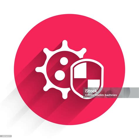 긴 그림자로 분리 된 바이러스 세균 및 박테리아 아이콘으로부터 보호하는 화이트 쉴드 면역 체계 개념 코로나 바이러스 2019ncov 빨간색 원 버튼입니다 벡터 일러스트레이션