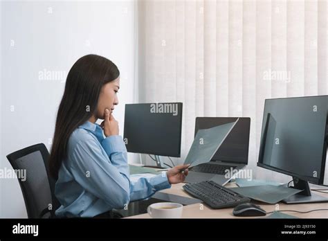 Stress Asian Woman While Coding Data Programmer On Desktop Pc While